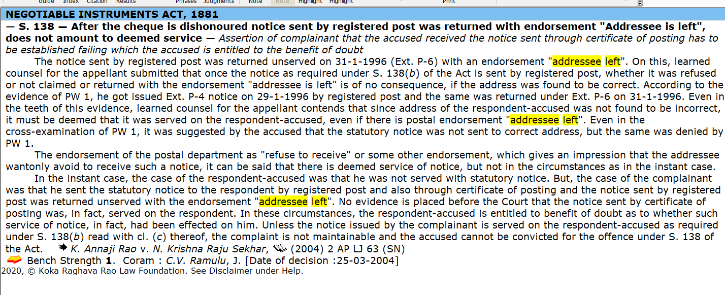 Negotiable Instruments Act. Section 138. Notice returned with ...